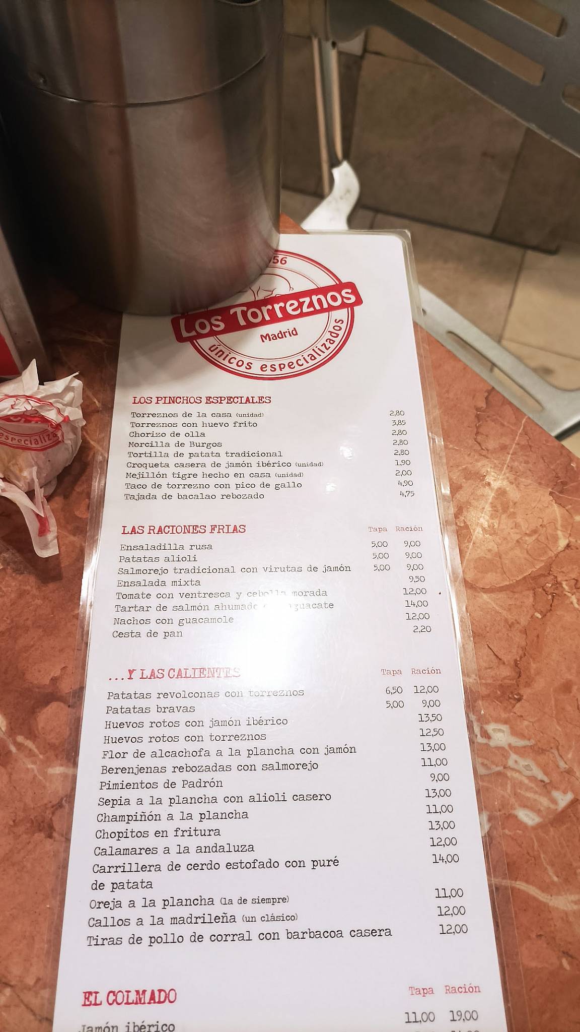 Carta del restaurante Los Torreznos, Madrid, Alonso Cano