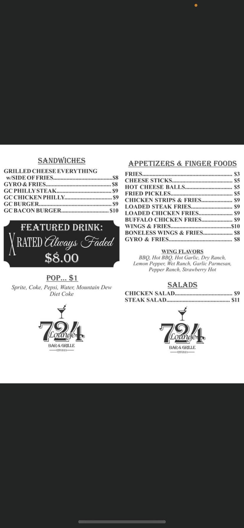 Menu at Lounge 724 Bar & Grill, New Castle