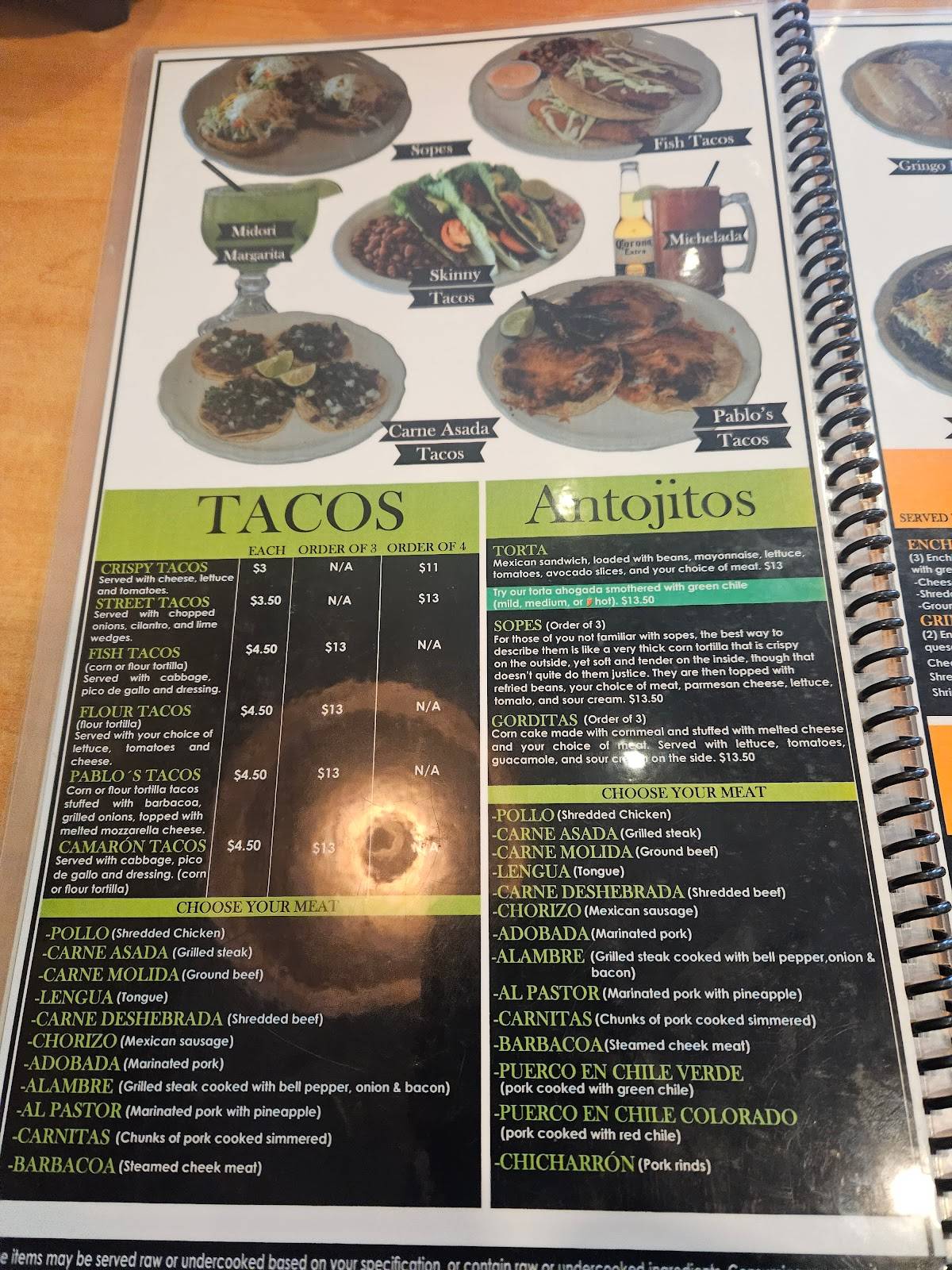 Menu at El Cielo restaurant, Loveland