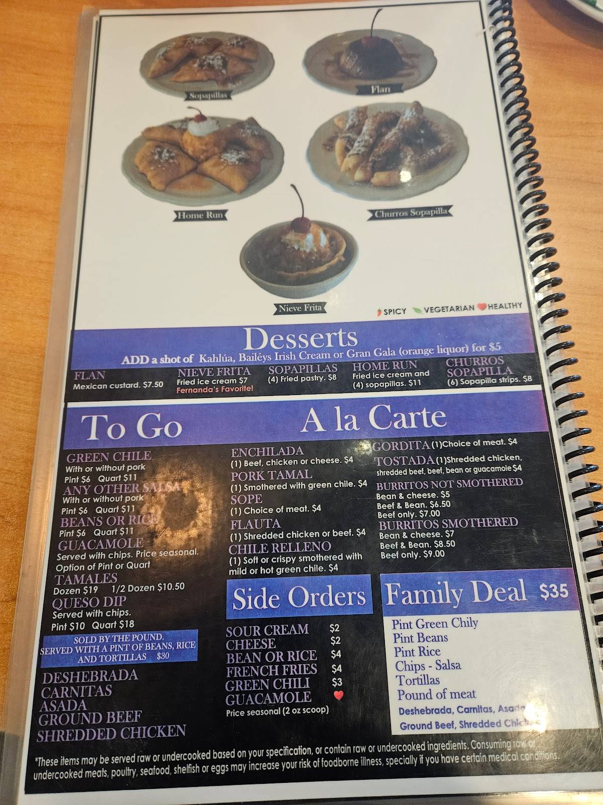 Menu at El Cielo restaurant, Loveland