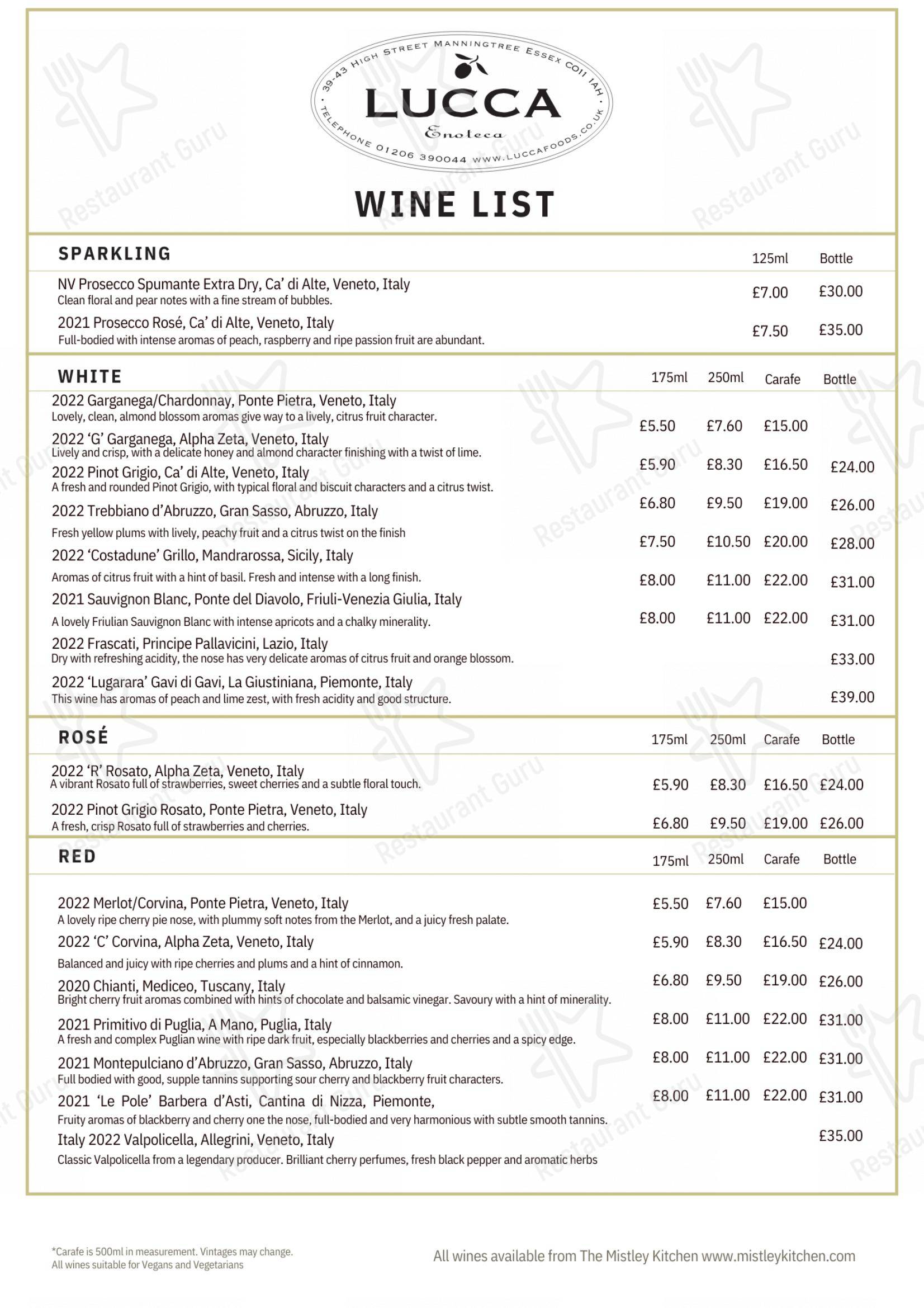 Menu at Lucca restaurant, Manningtree