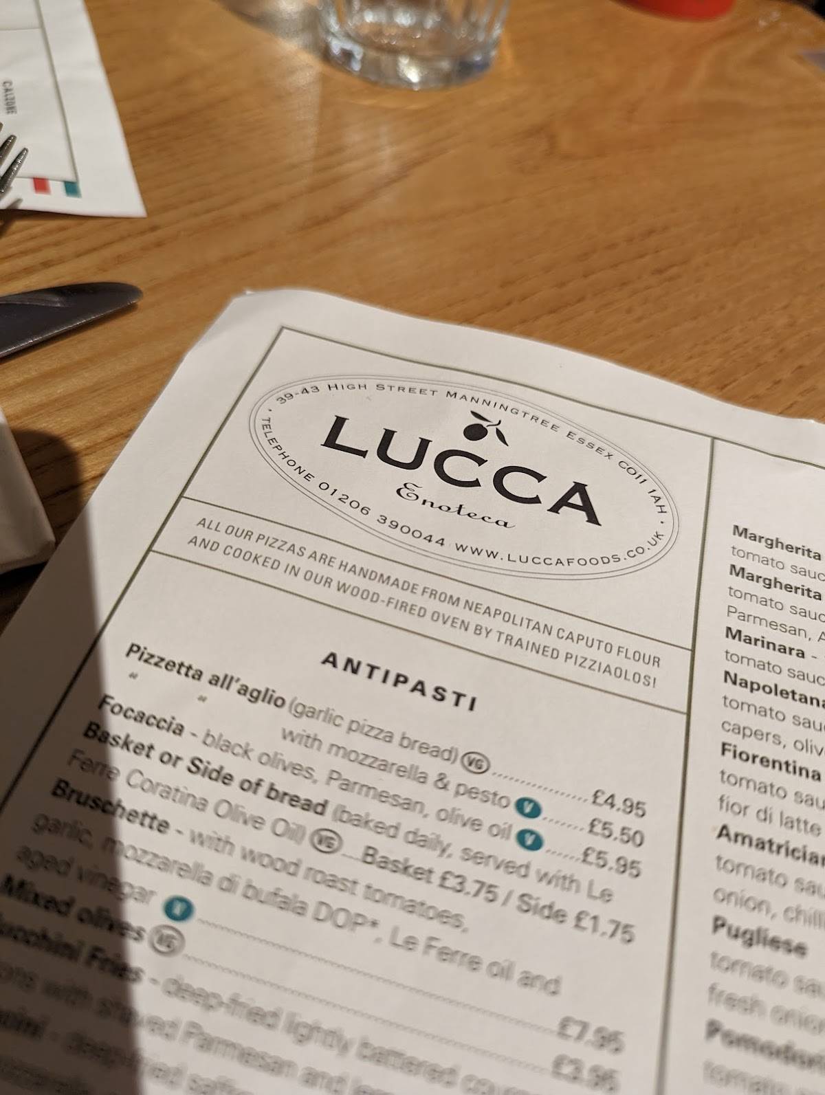Menu at Lucca restaurant, Manningtree