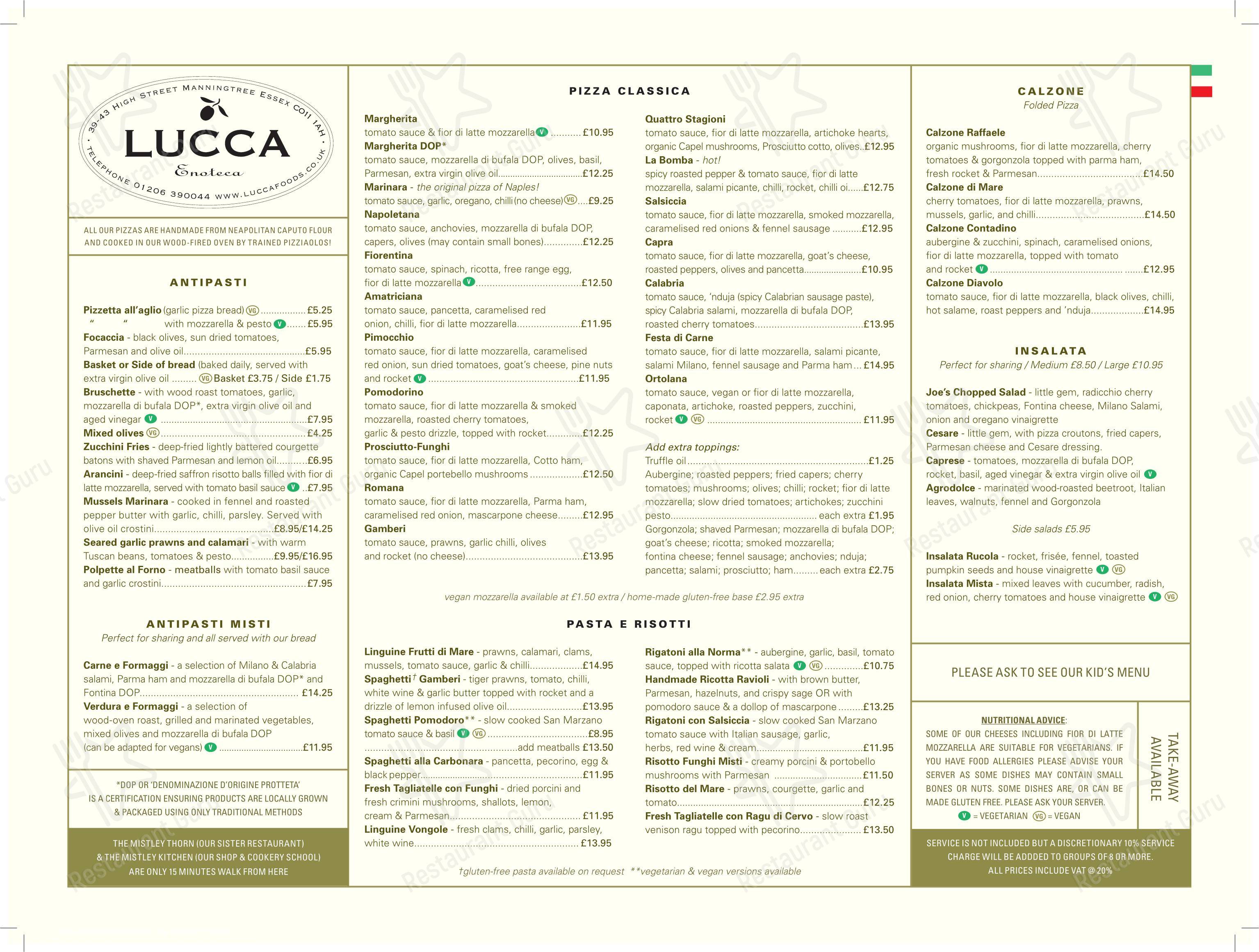 Menu at Lucca restaurant, Manningtree