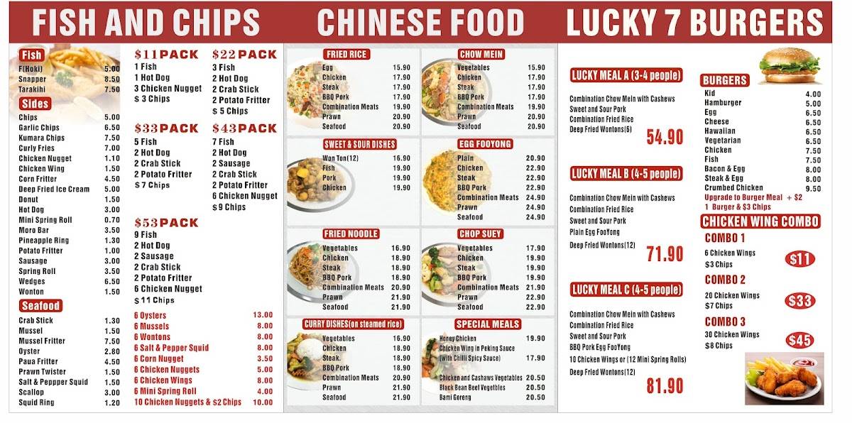 Menu at Lucky 7 Takeaways restaurant, Rotorua