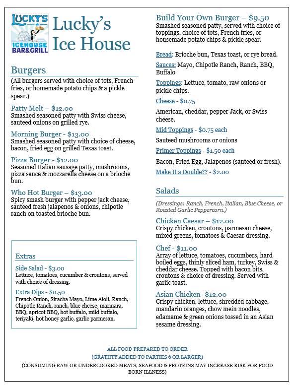 Menu at Lucky's Ice House pub & bar, Milwaukee