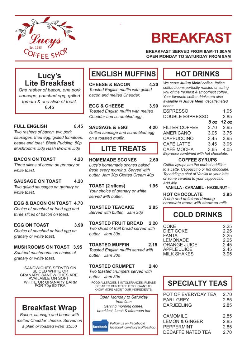 Menu at Lucy's Coffee Shop cafe, Southport