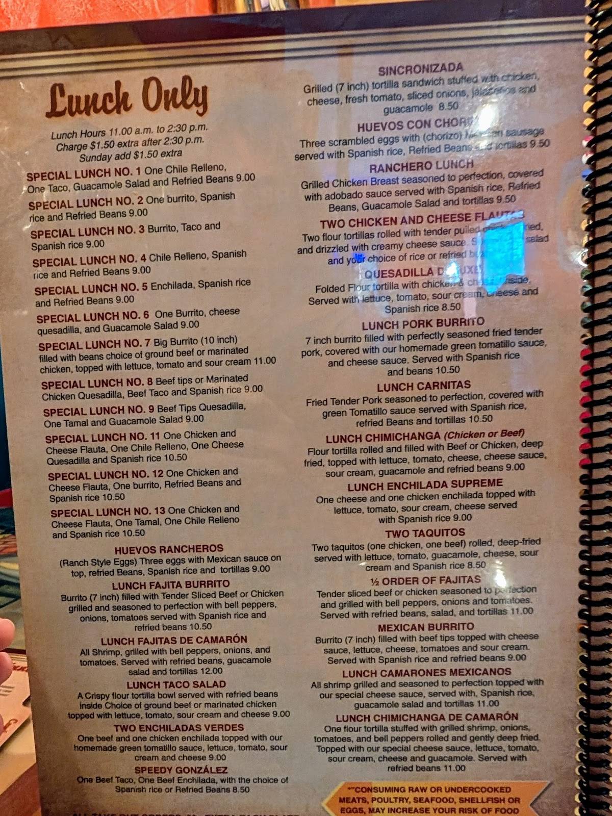 Menu at Luna Azteca restaurant, Johnstown