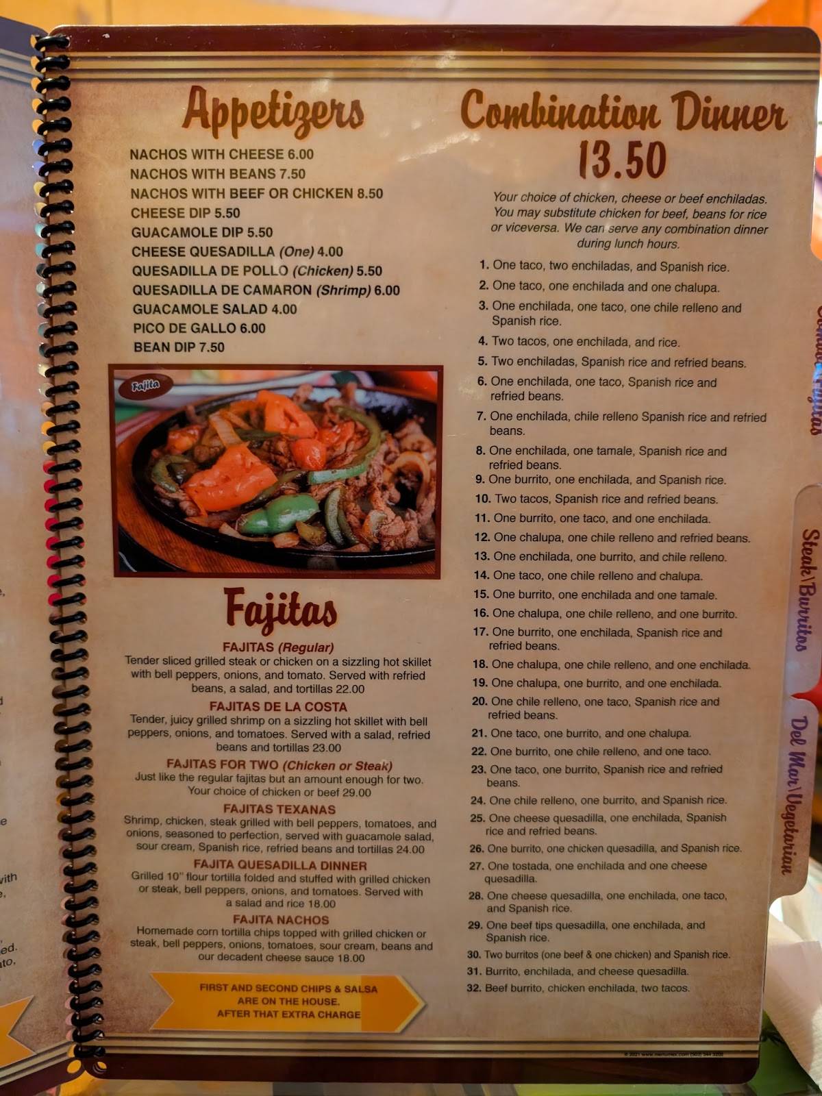 Menu at Luna Azteca restaurant, Johnstown