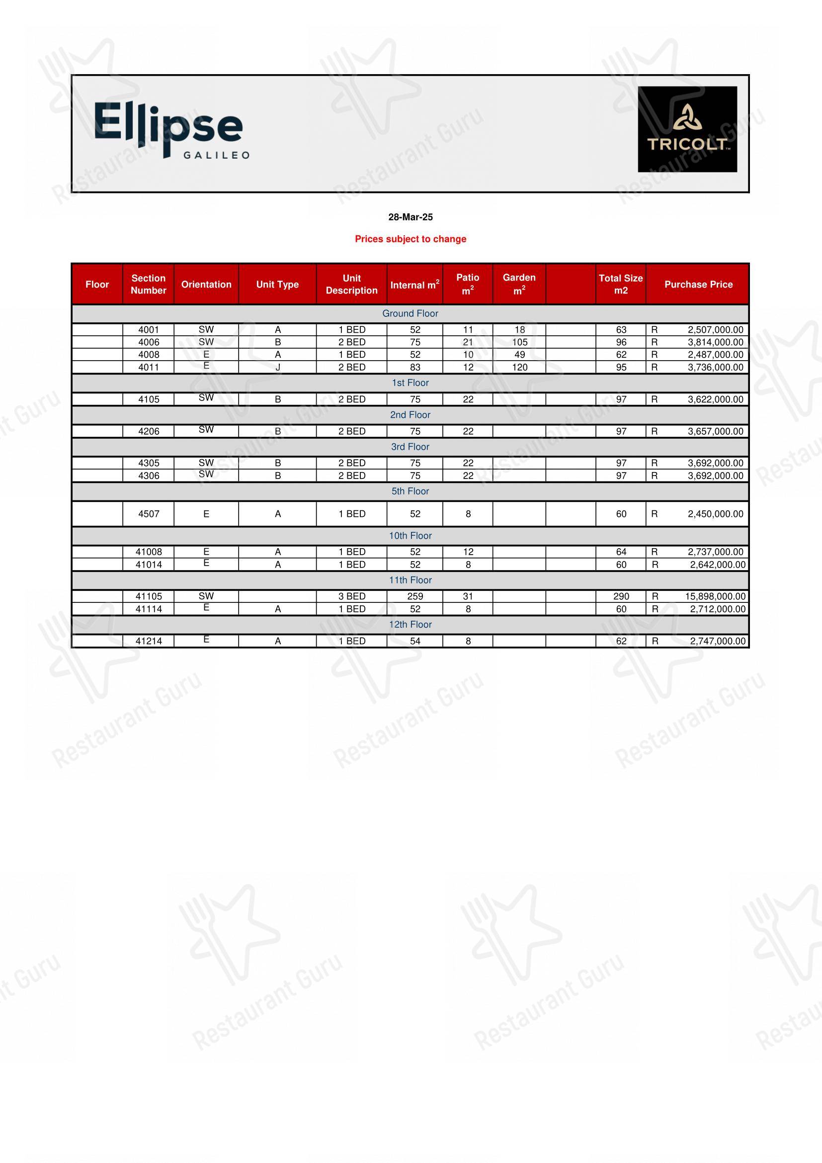 Menu at Luna Club Ellipse, Midrand