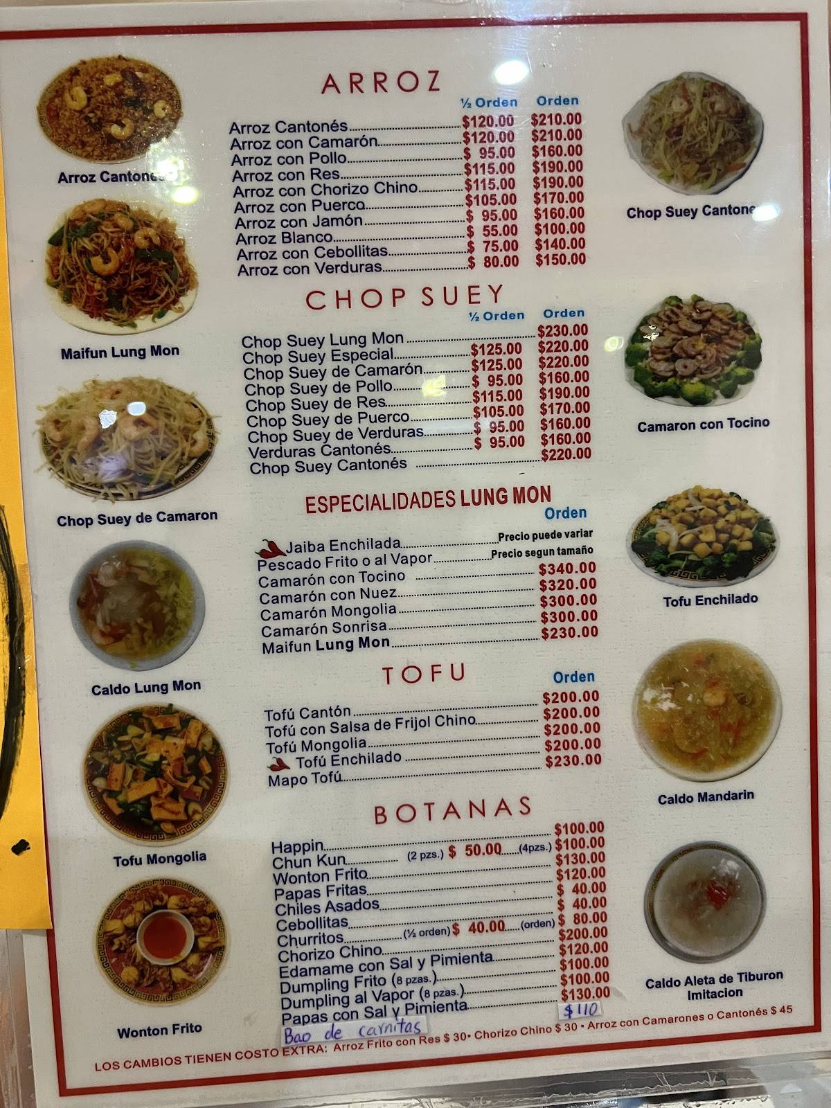 Carta del restaurante Lung Mon, Tijuana