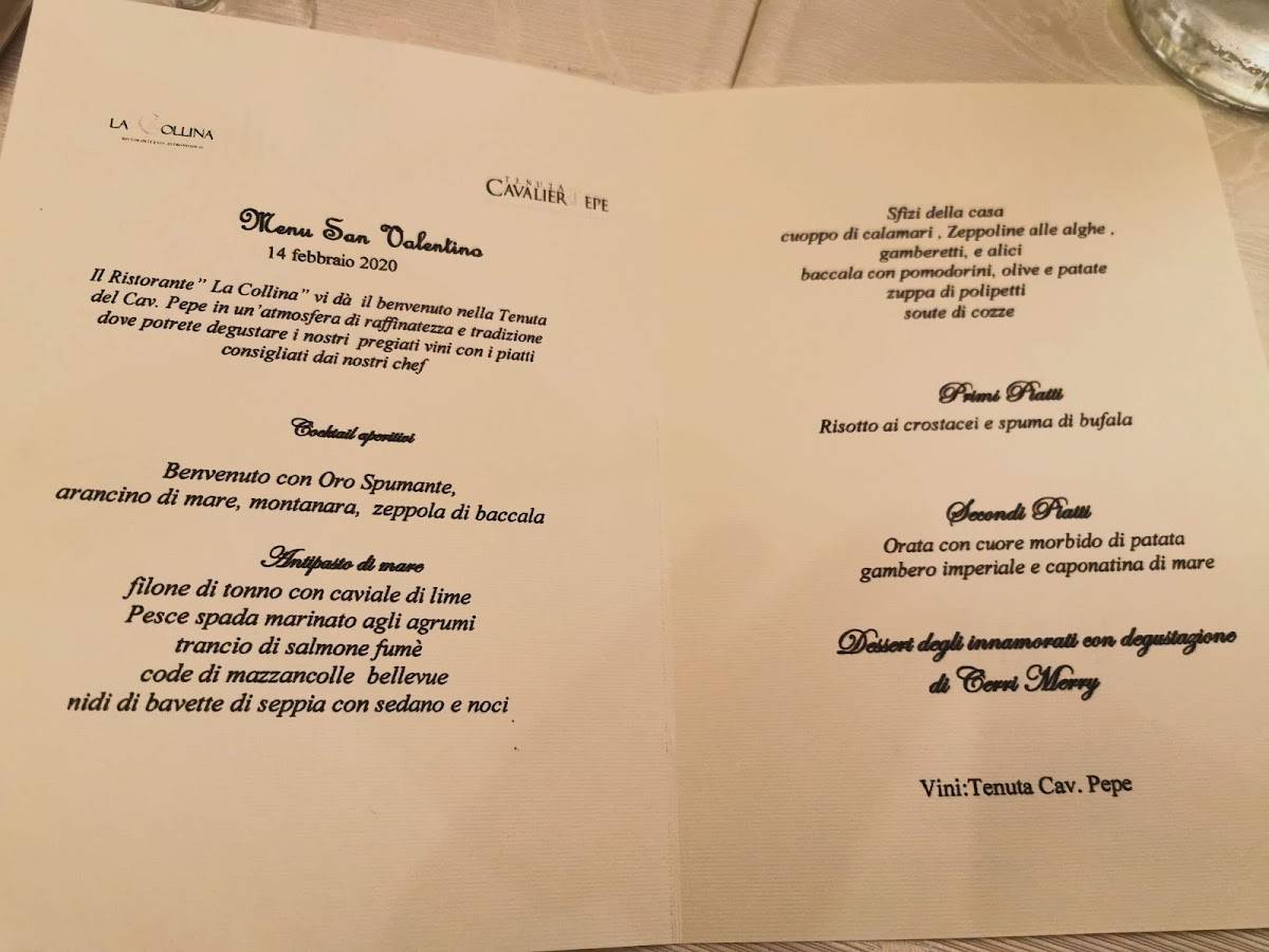 Menu at La Collina restaurant, Sant'Angelo All'esca