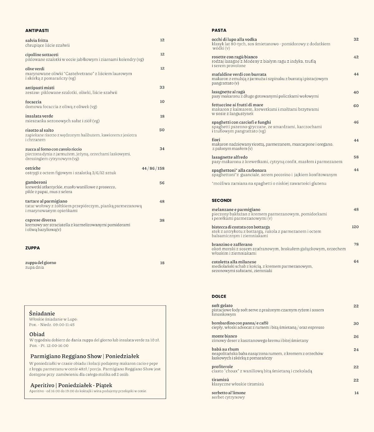 Menu at Lupo Pasta Fresca restaurant, Warsaw