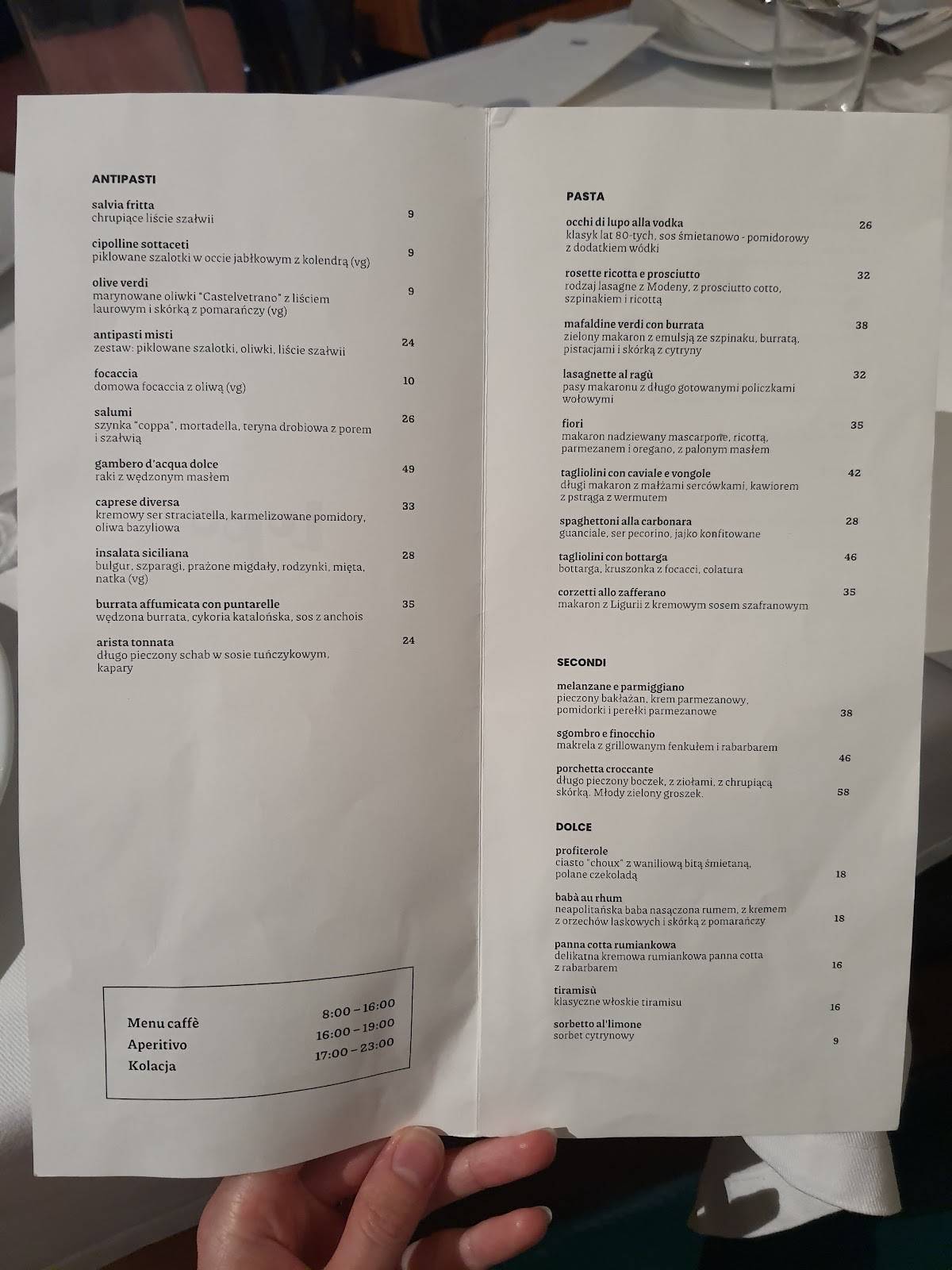 Menu at Lupo Pasta Fresca restaurant, Warsaw