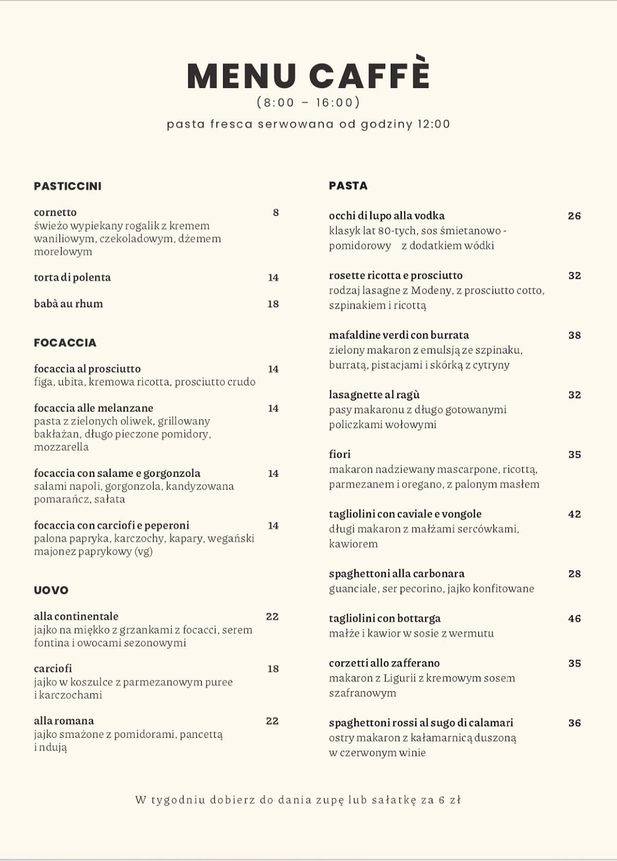 Menu at Lupo Pasta Fresca restaurant, Warsaw