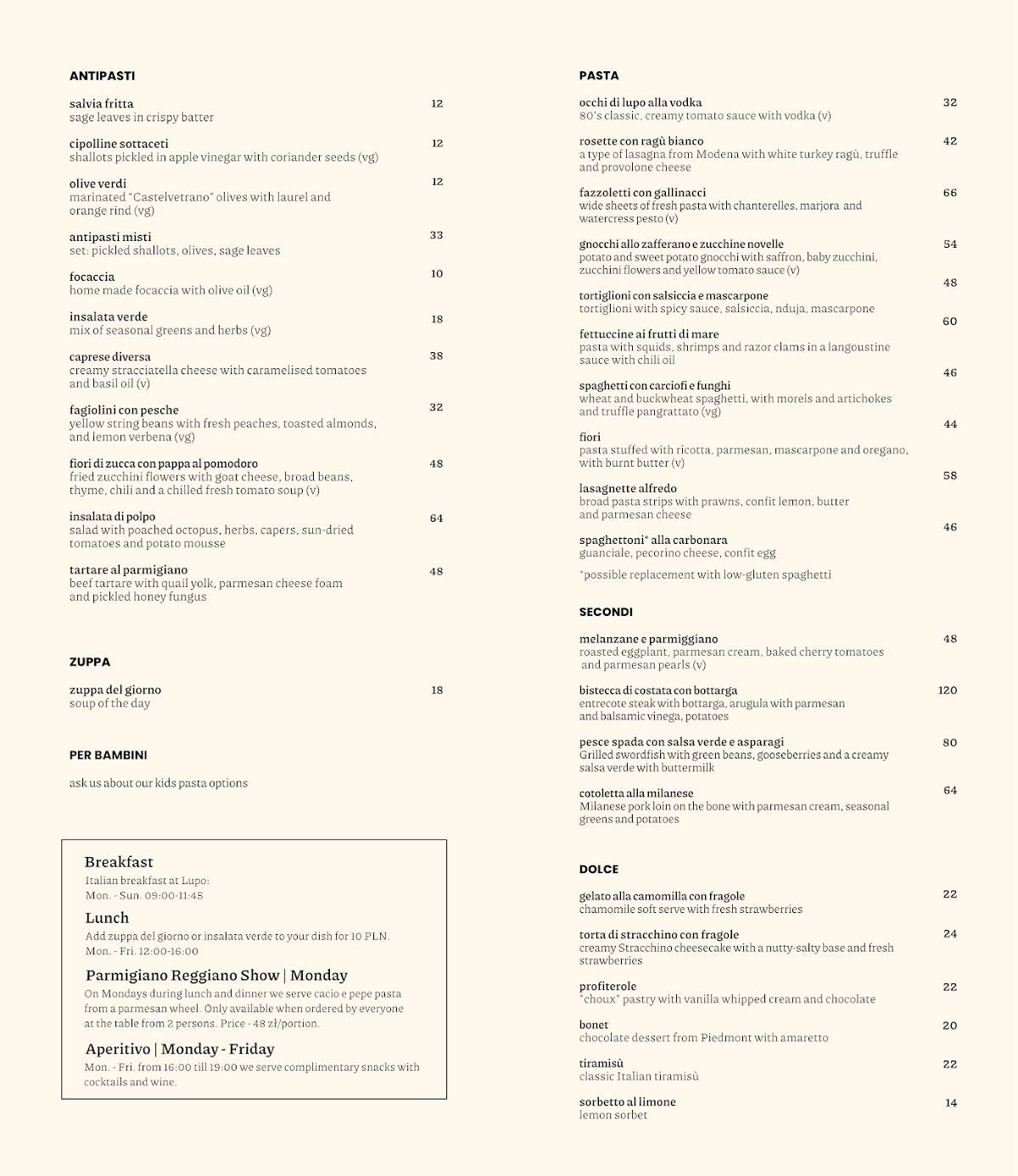 Menu at Lupo Pasta Fresca restaurant, Warsaw