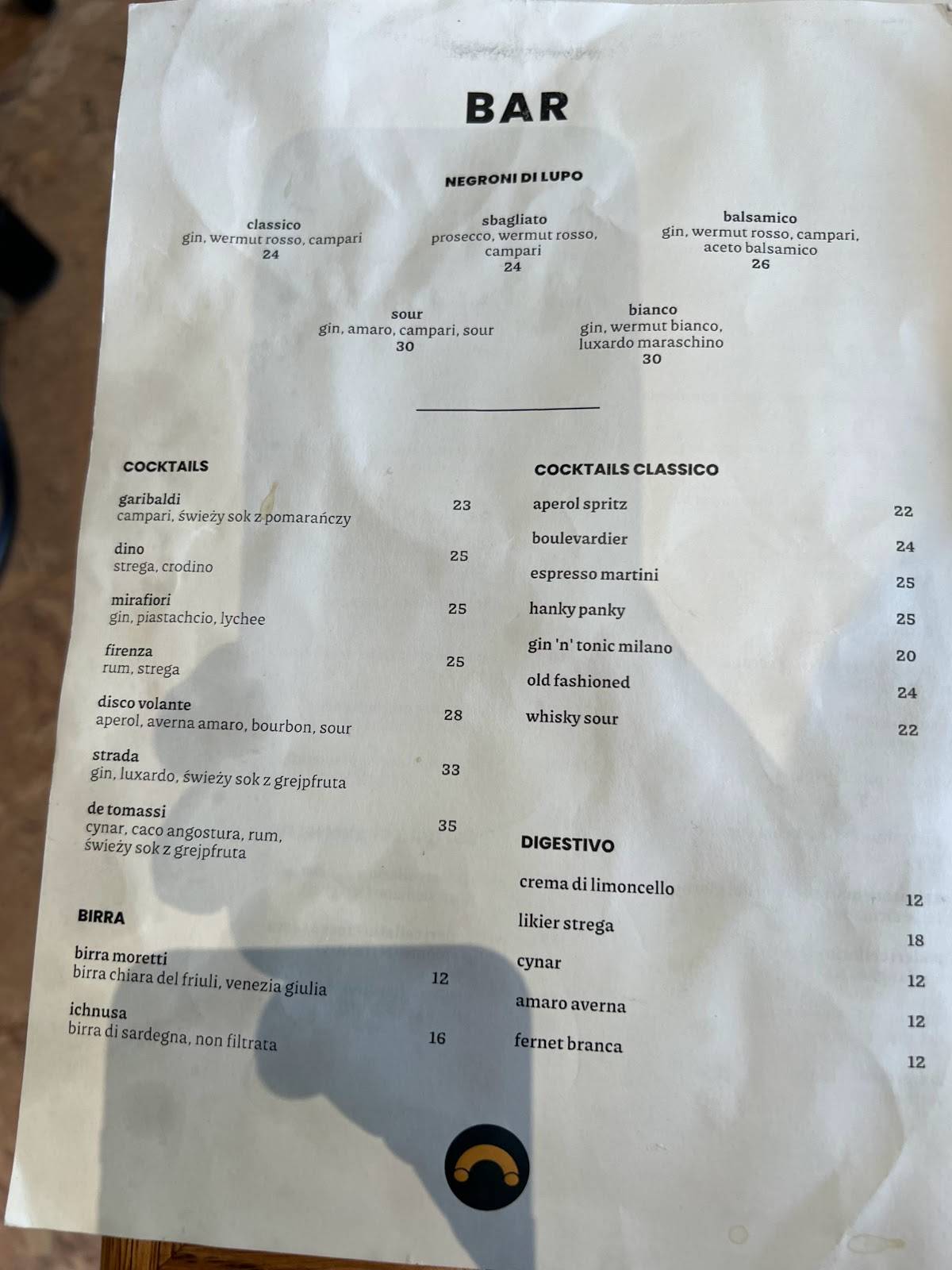 Menu at Lupo Pasta Fresca restaurant, Warsaw