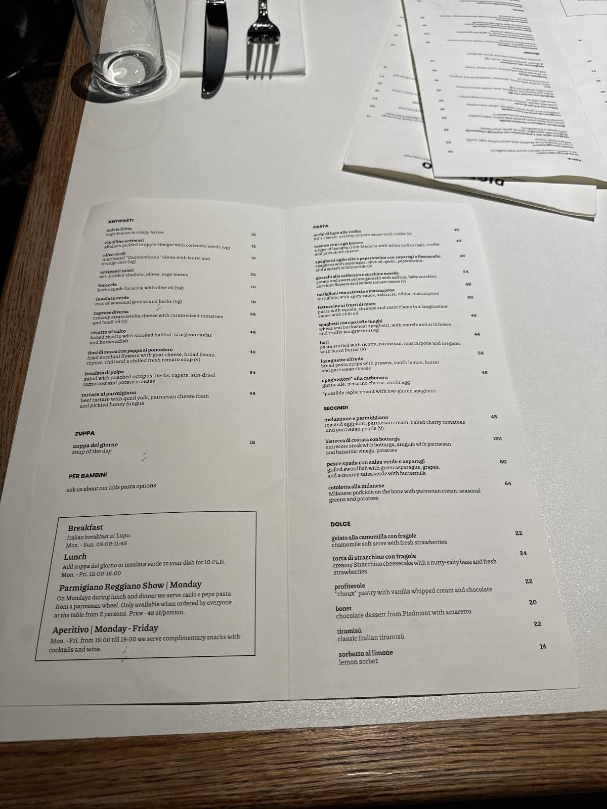 Menu at Lupo Pasta Fresca restaurant, Warsaw