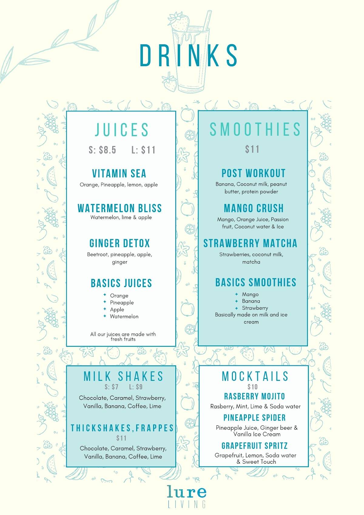 Menu at Lure Living restaurant, Yeppoon