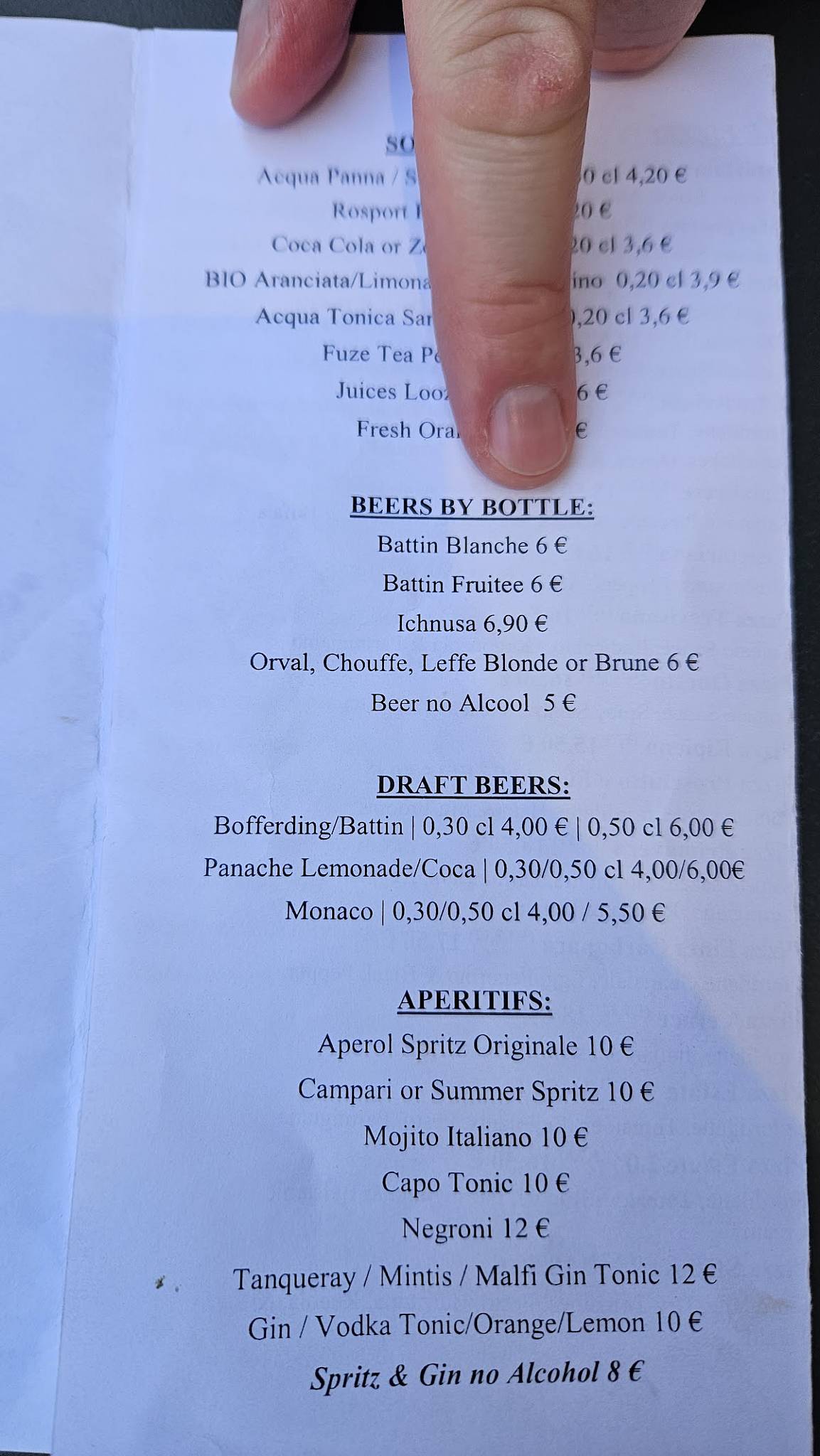 Menu at Onesto restaurant, Luxembourg City