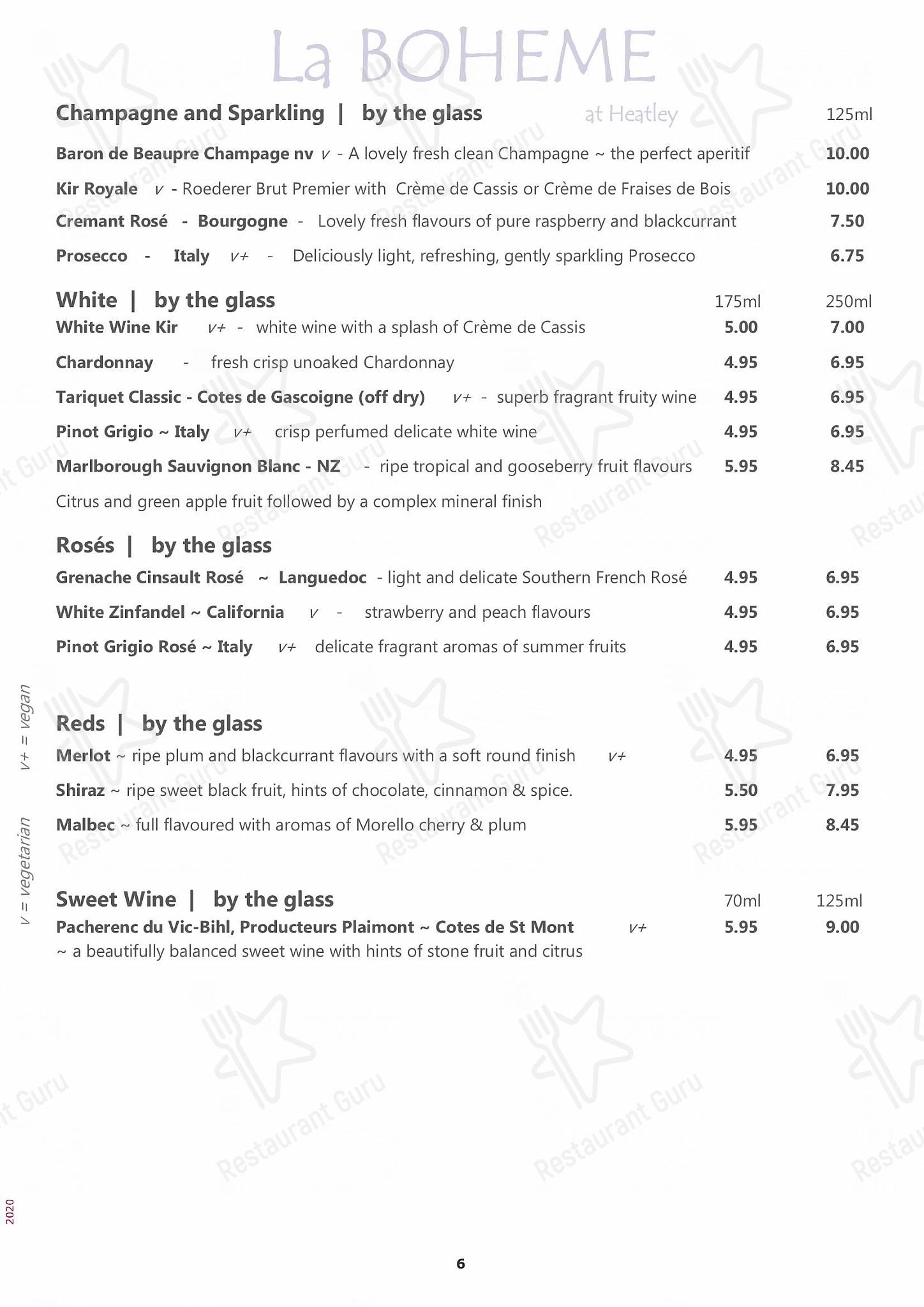 Menu at La Boheme restaurant, Lymm