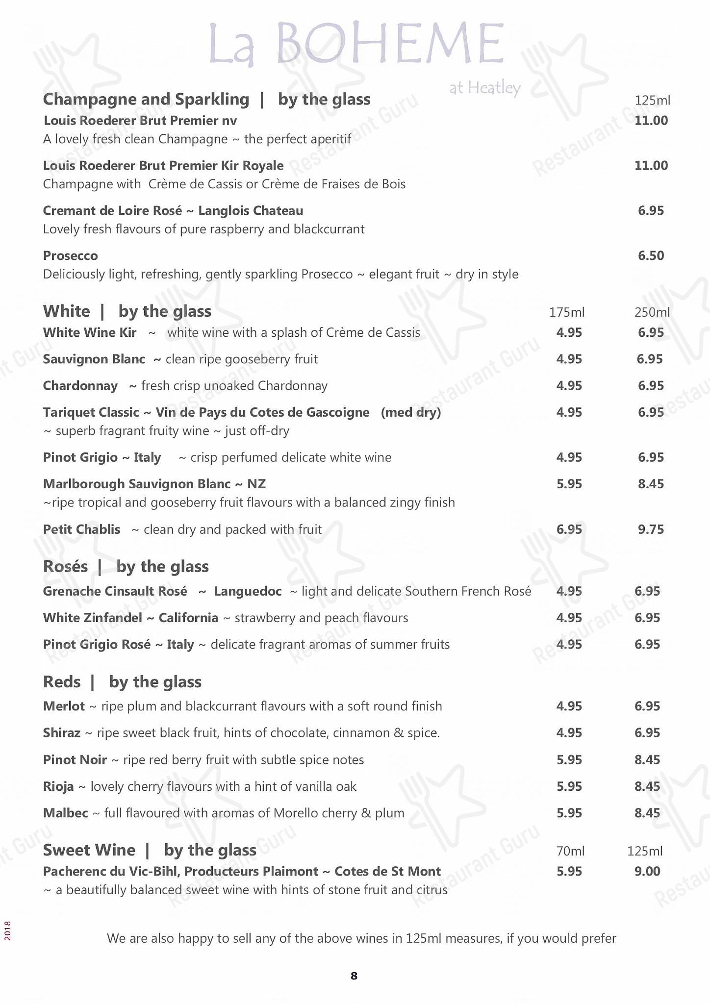 Menu at La Boheme restaurant, Lymm