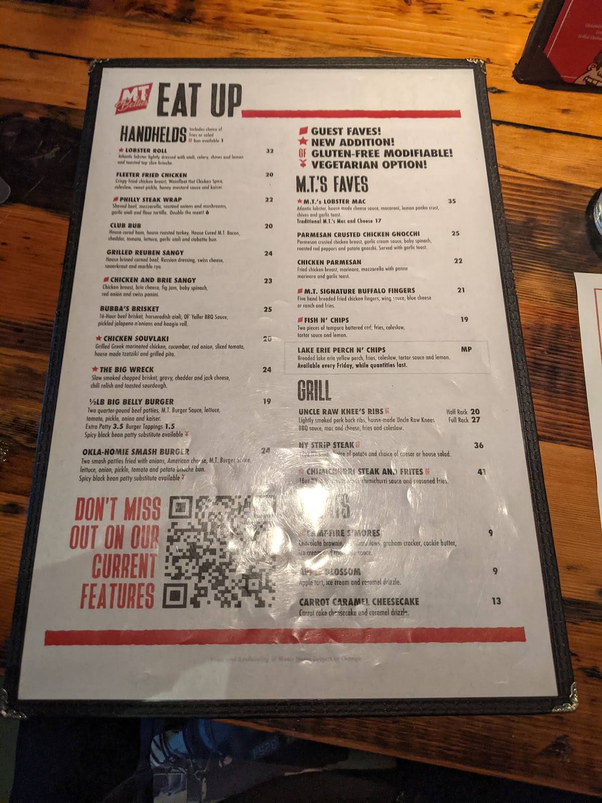 Menu at M.T. Bellies restaurant, Welland