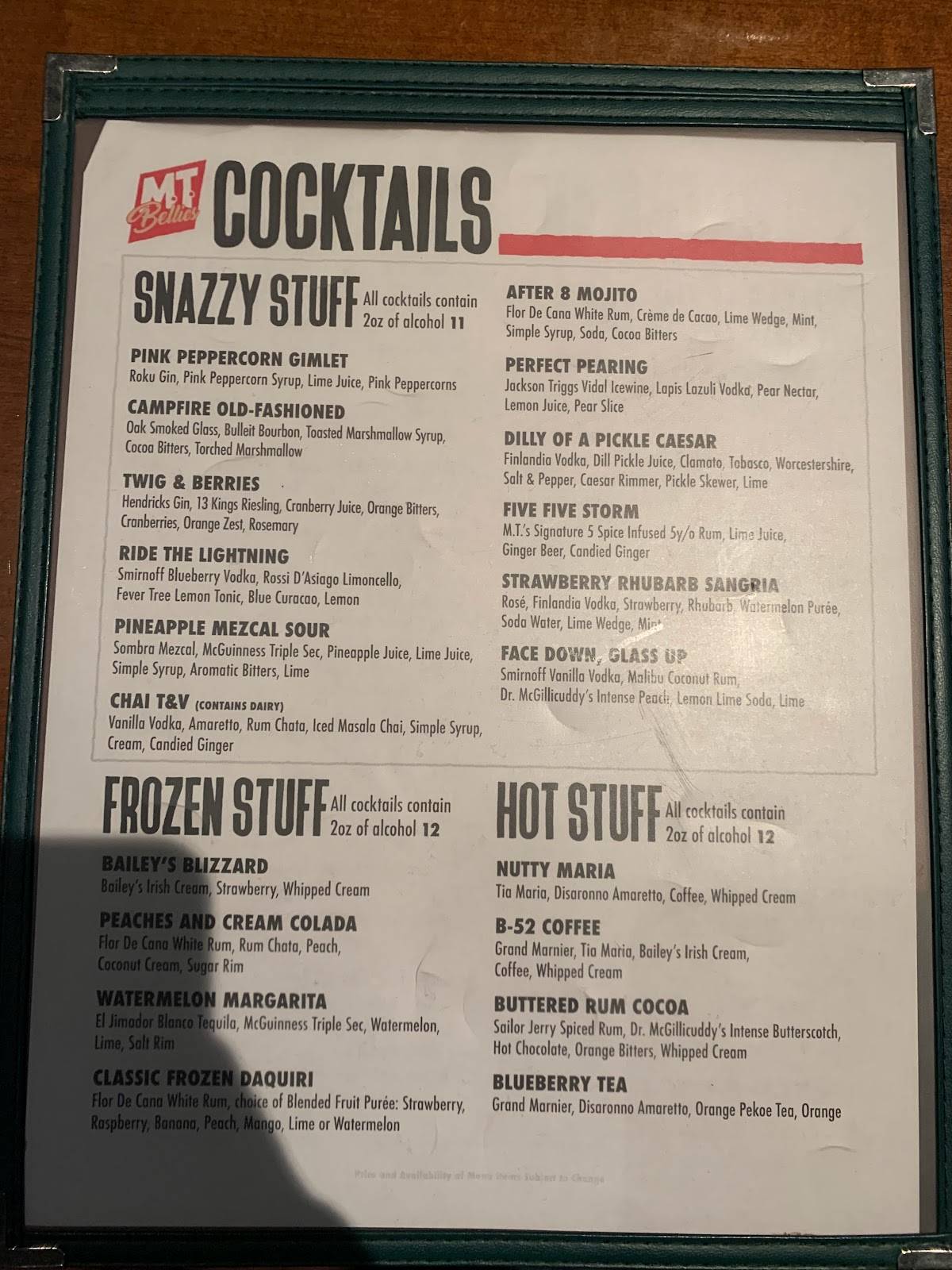 Menu at M.T. Bellies restaurant, Welland