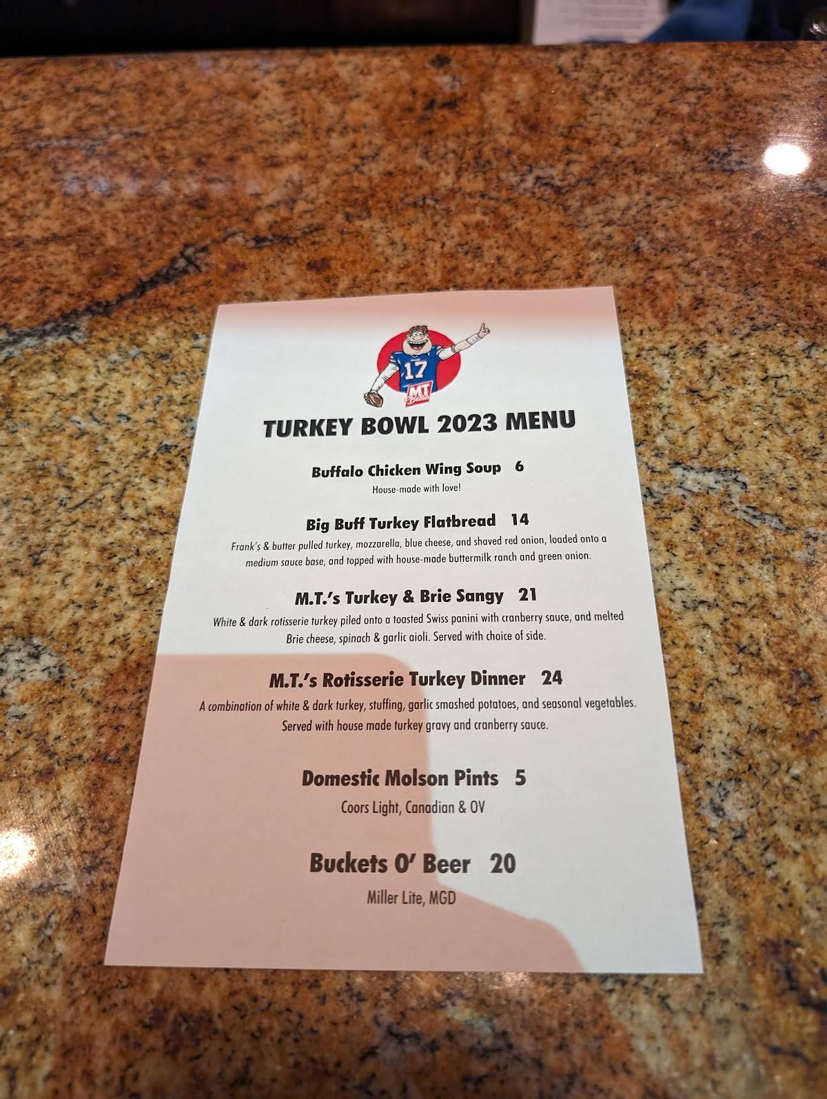 Menu at M.T. Bellies restaurant, Welland
