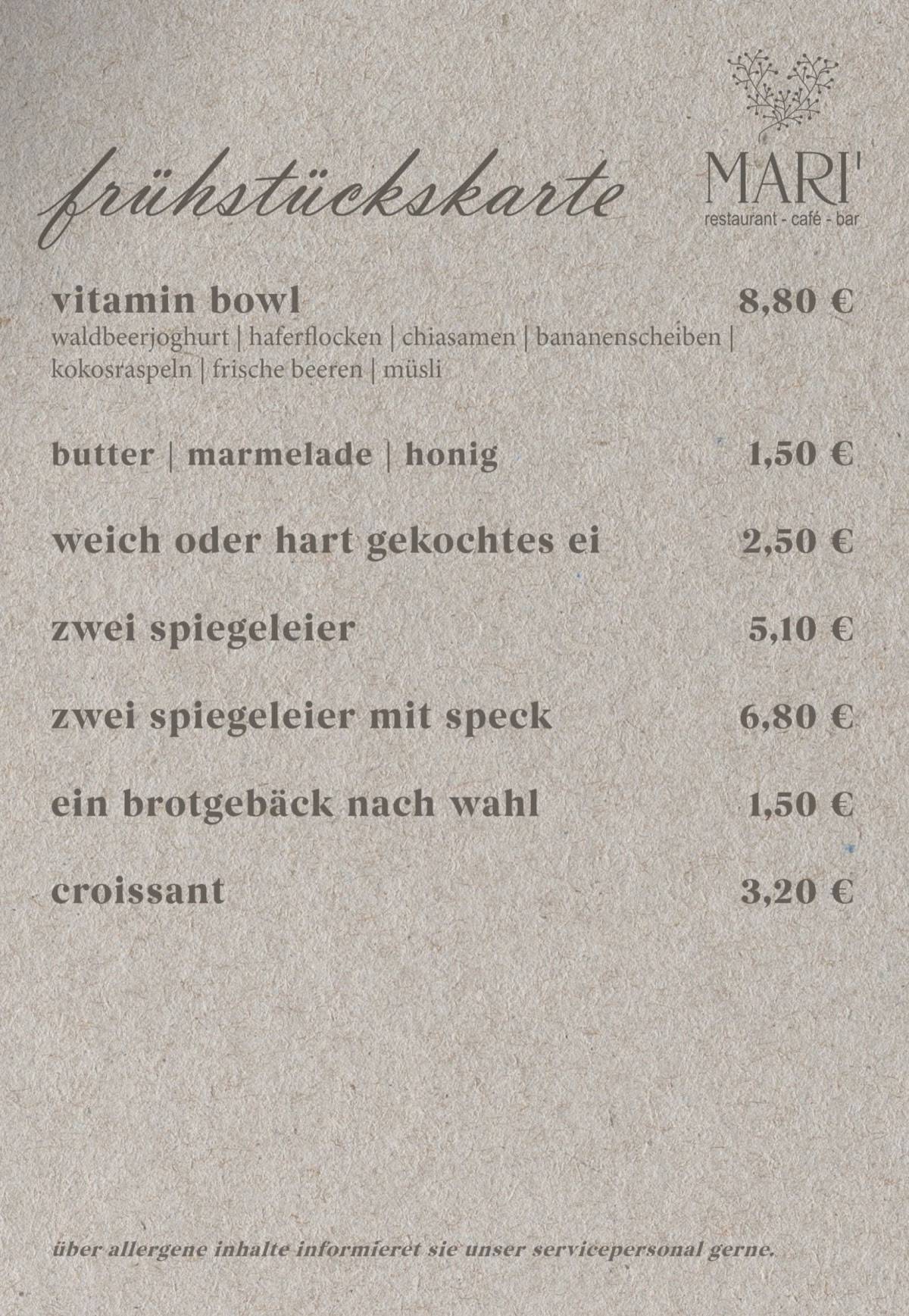 Speisekarte von MARI' am Garnmarkt restaurant, Götzis
