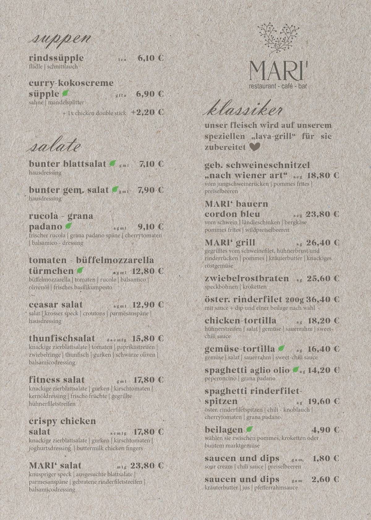 Speisekarte von MARI' am Garnmarkt restaurant, Götzis