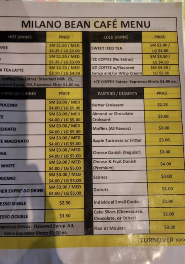 Menu at MILANO BEAN CAFE, East Islip