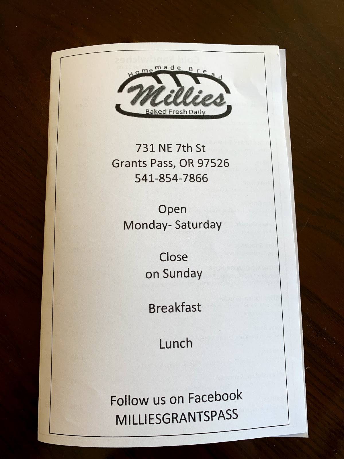 Menu at MILLIES, Grants Pass, SE N St #6B