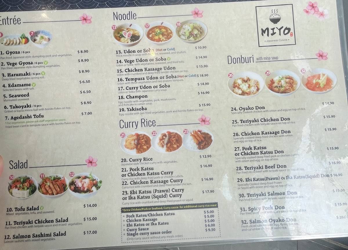 Menu at MIYO restaurant, Bowen Hills