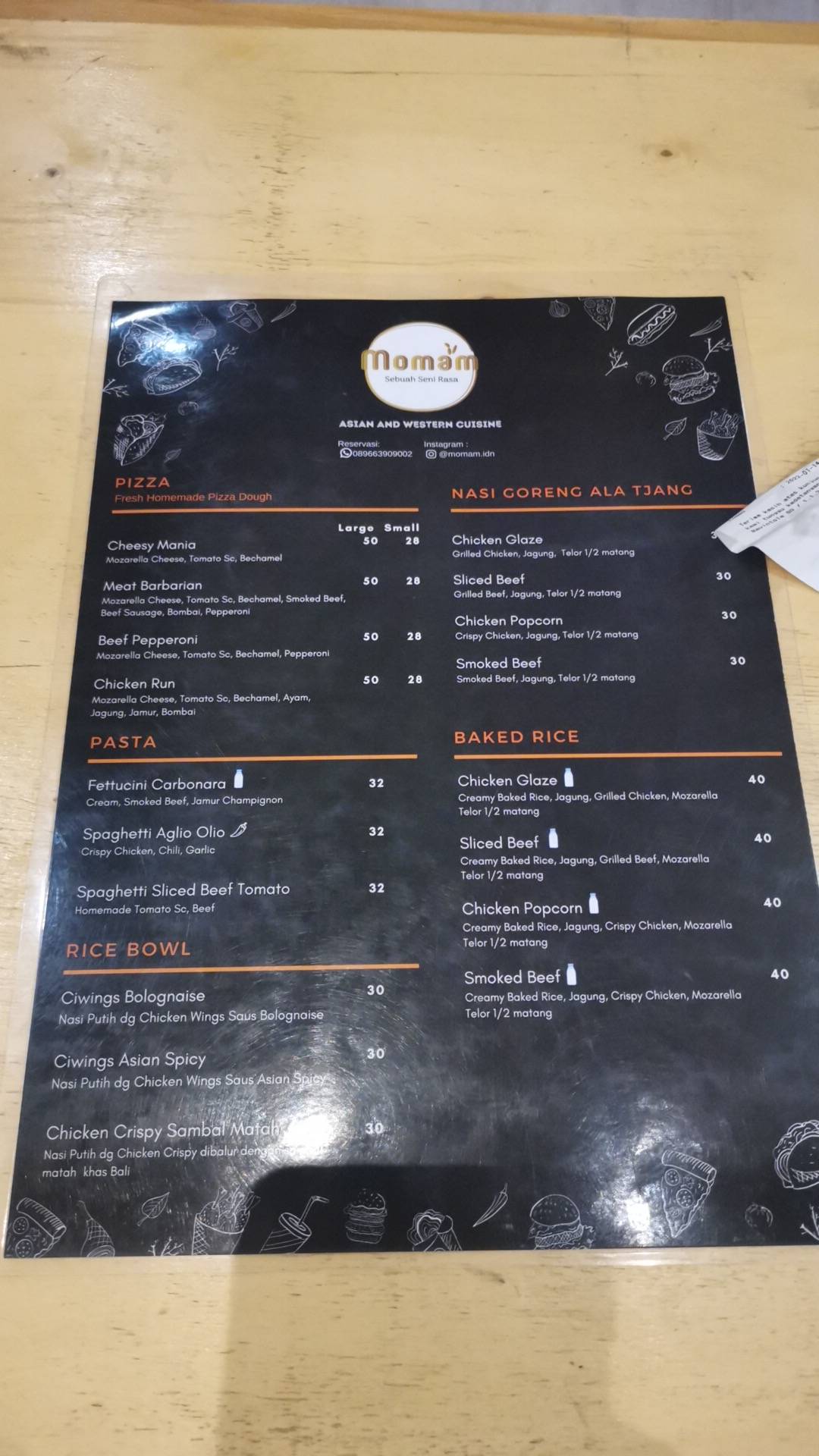 Menu at MOMAM (Coffee & Eatery) cafe, Tangerang