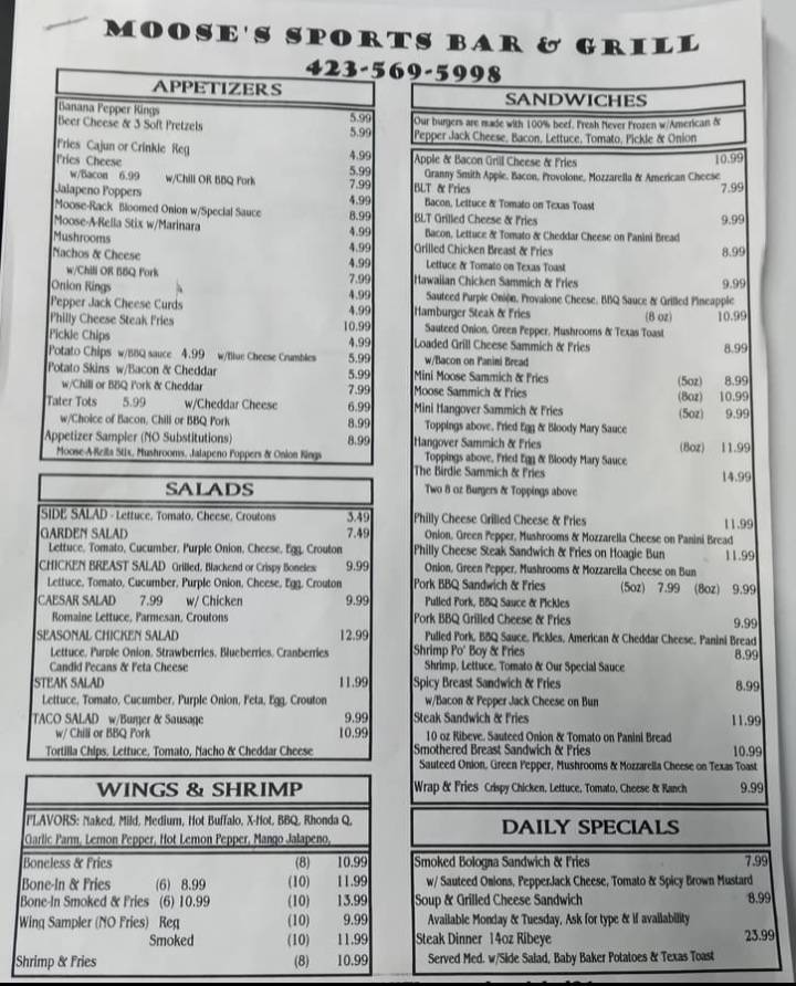 Menu at MOOSE'S Sports Bar & Grill, Winfield
