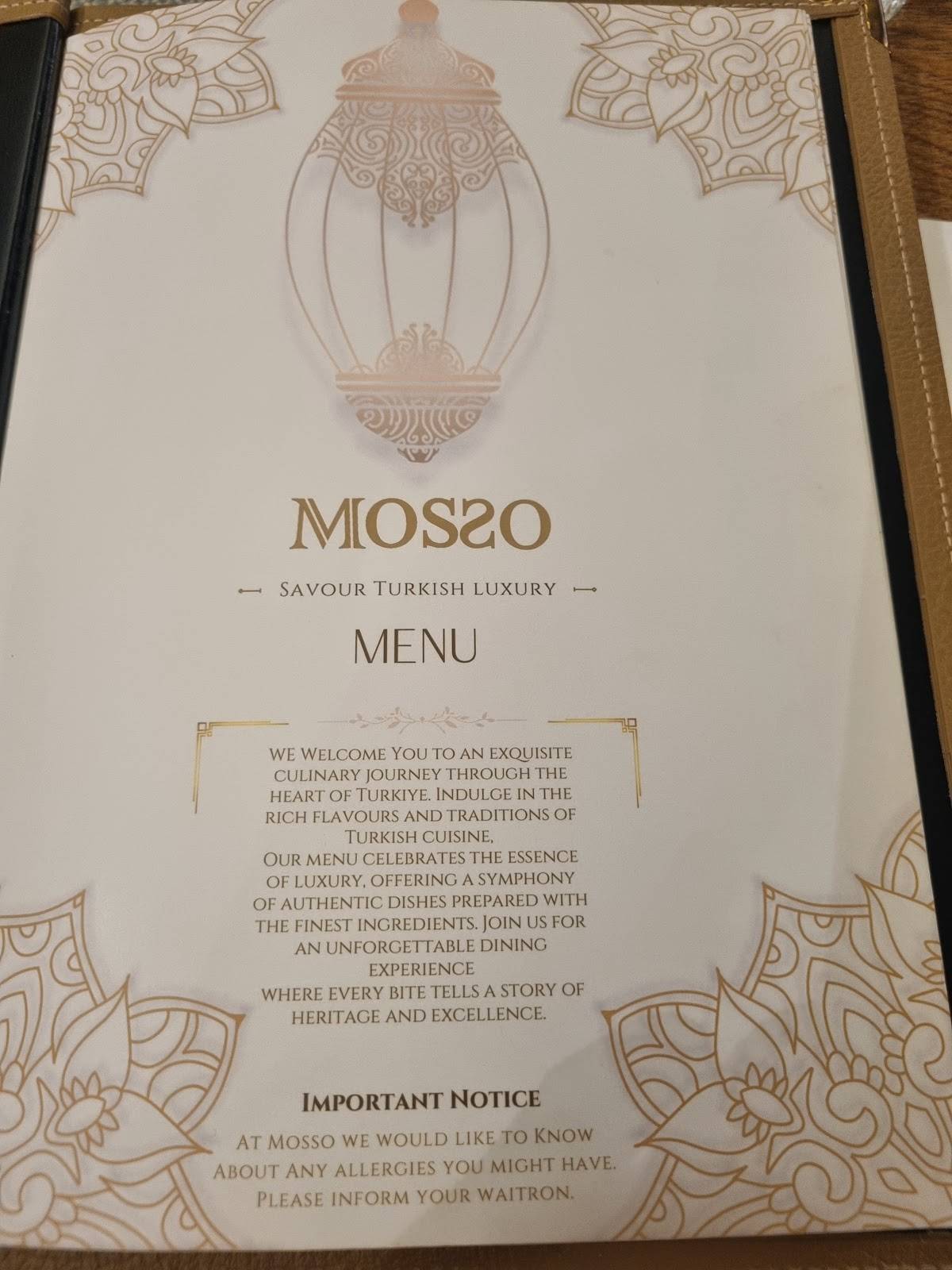 Menu at MOSSO SAVOUR TURKISH LUXURY restaurant, Johannesburg