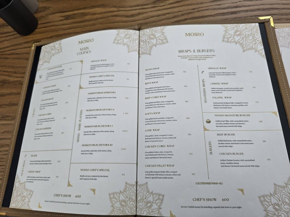 Menu at MOSSO SAVOUR TURKISH LUXURY restaurant, Johannesburg
