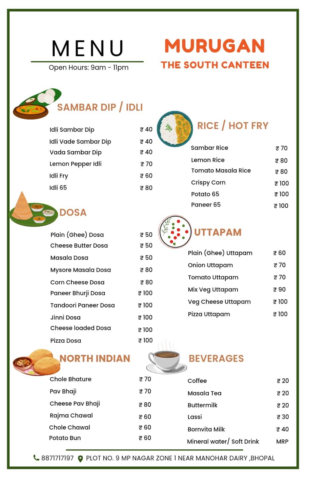 Menu at MURUGAN THE SOUTH CANTEEN, Bhopal