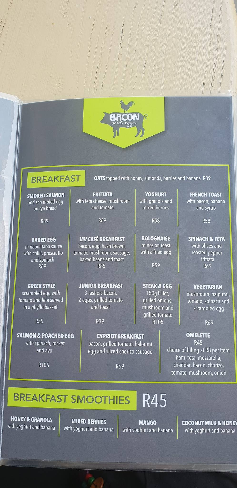 Menu at MV CAFE, Randburg