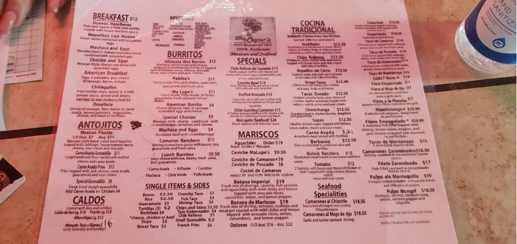 Menu at Ma Lupe's Restaurant, Imperial