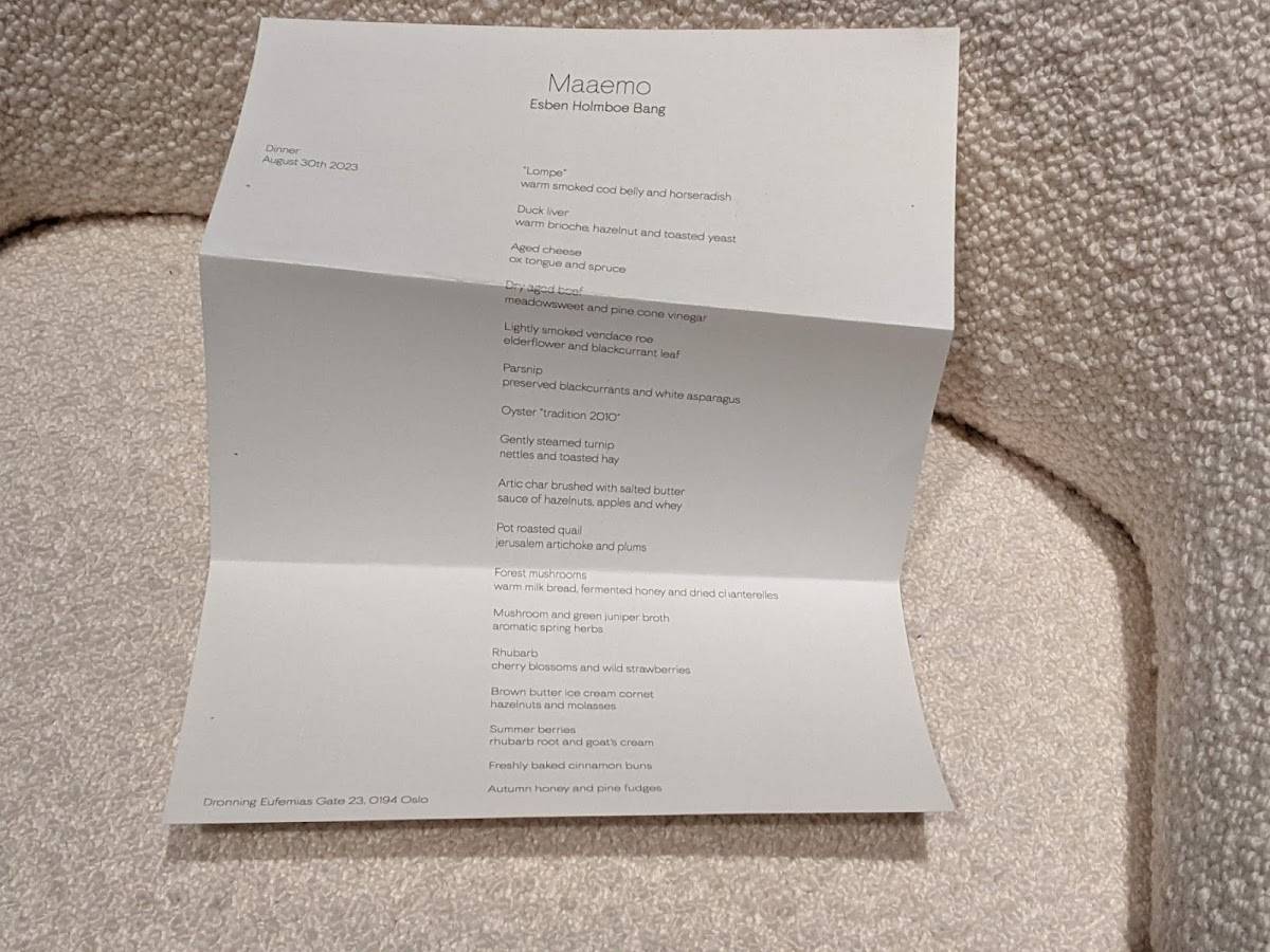 Menu at Maaemo restaurant, Oslo