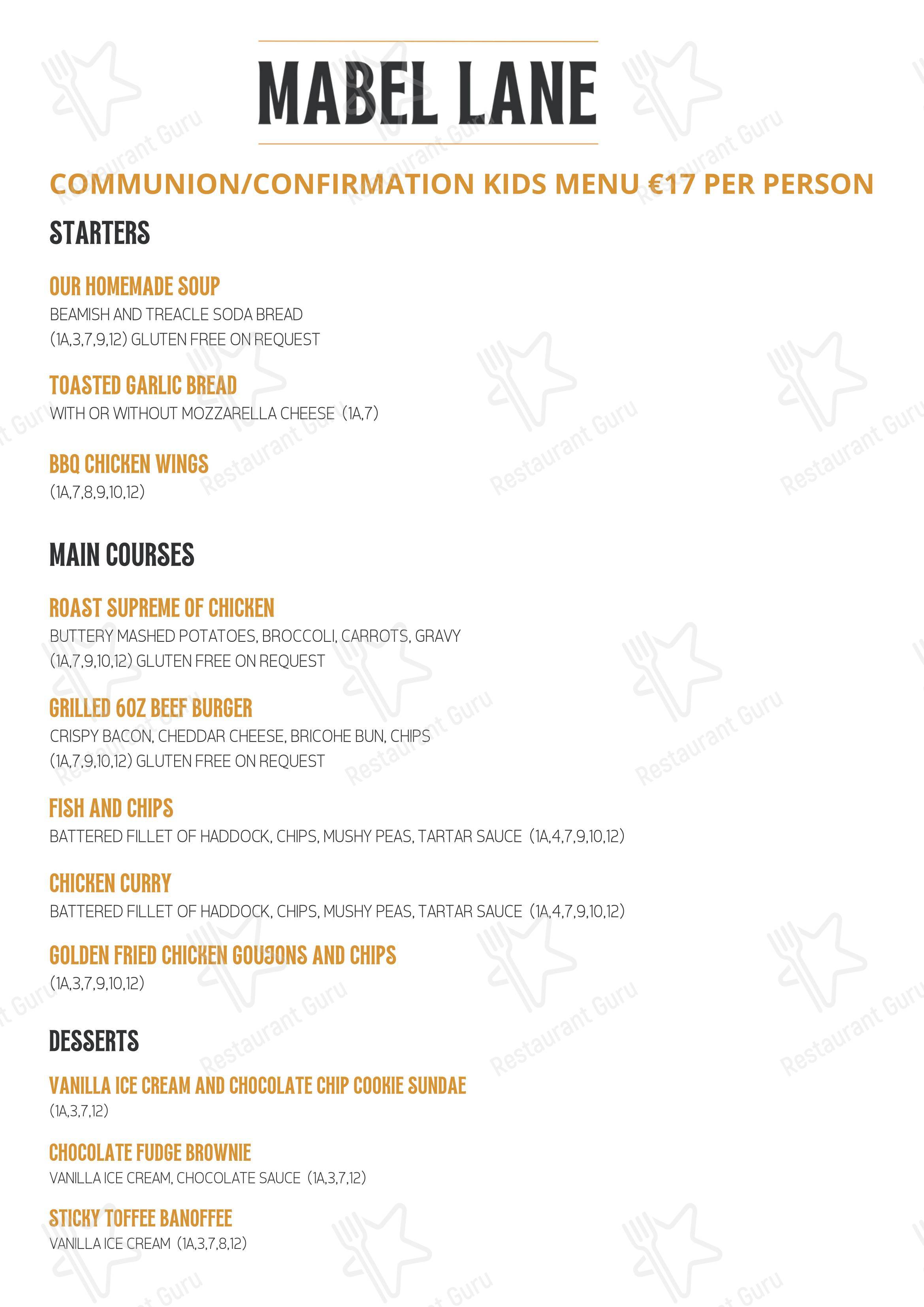 Menu at Mabel Lane restaurant, Carrigaline