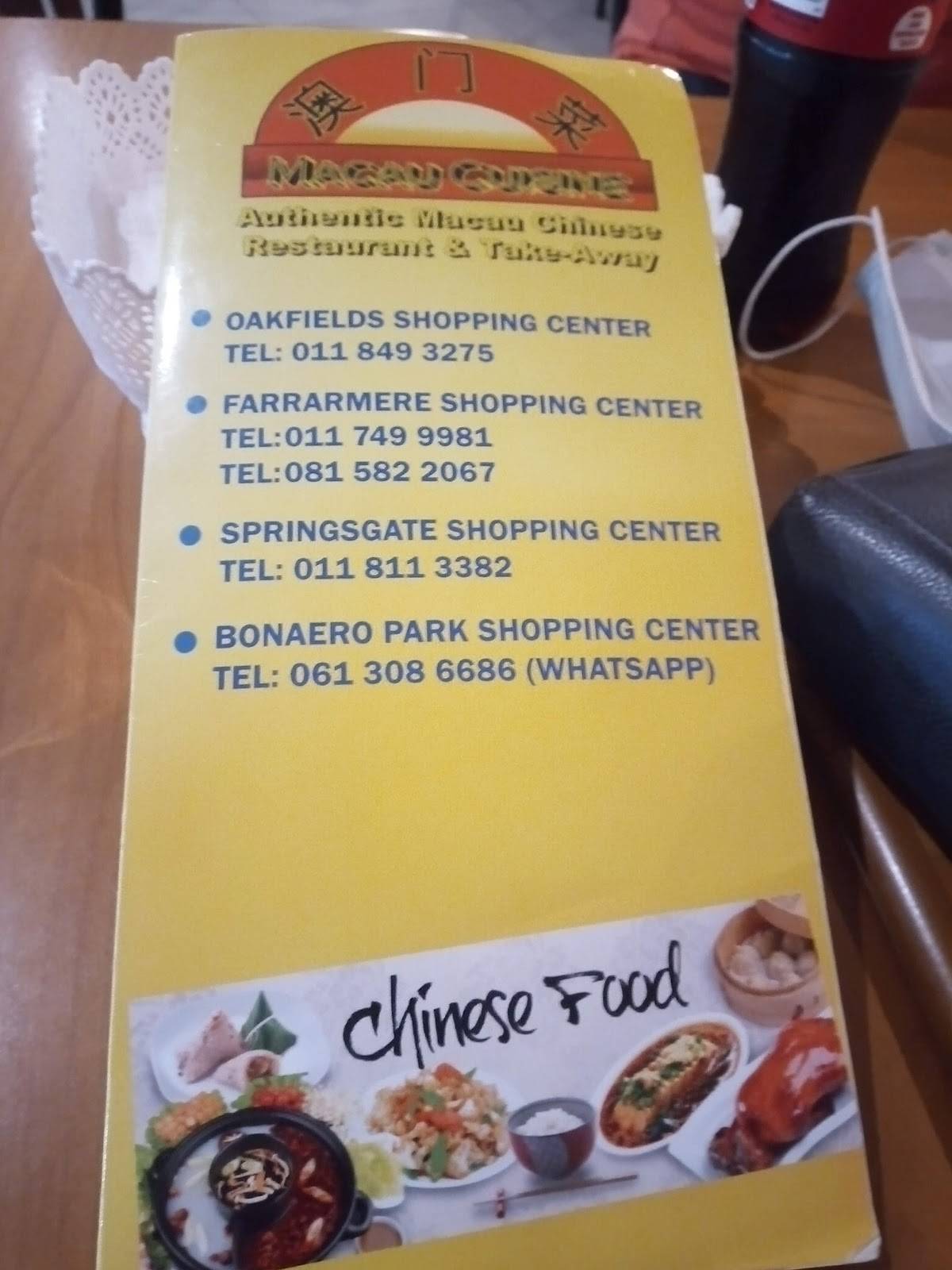 Menu at Macau Cuisine restaurant, Springs