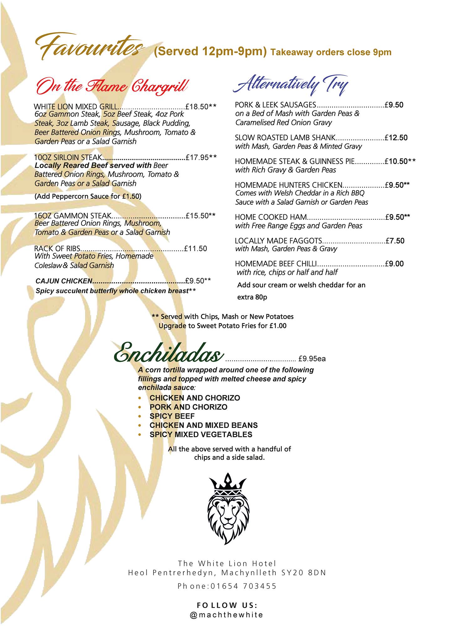 Menu at White Lion Hotel pub & bar, Machynlleth