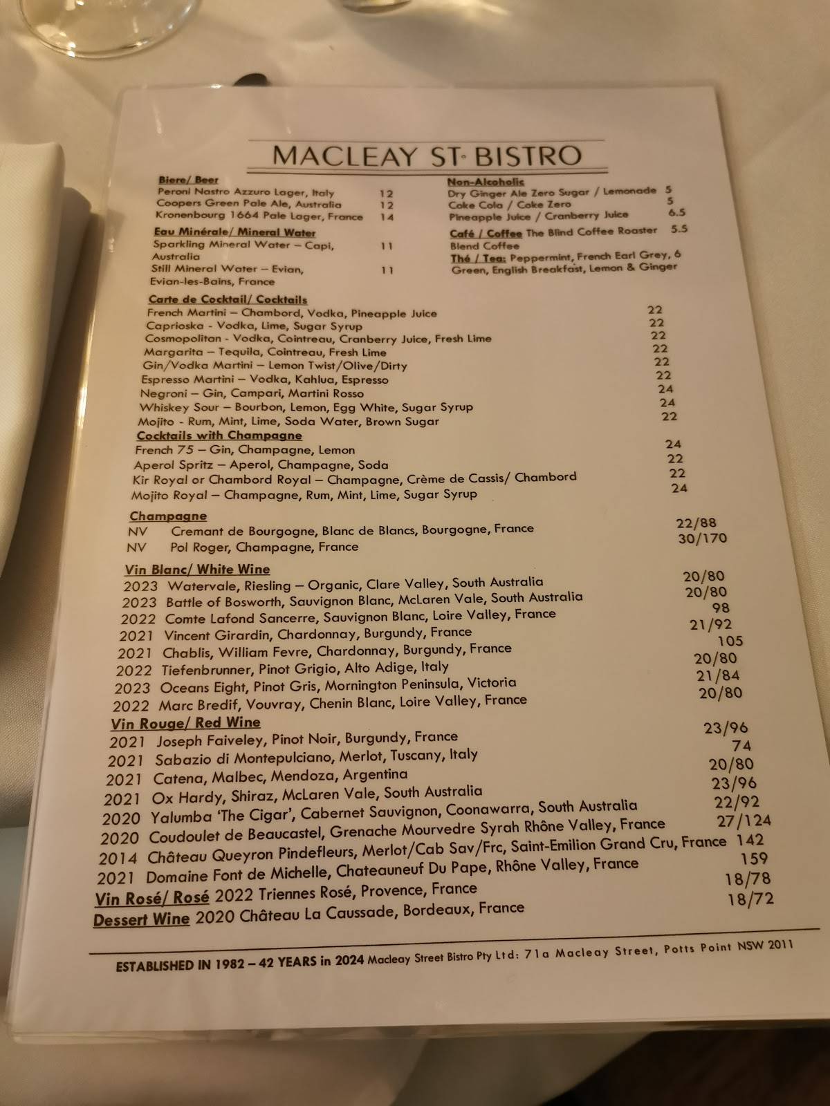 Menu at Macleay St Bistro restaurant, Potts Point