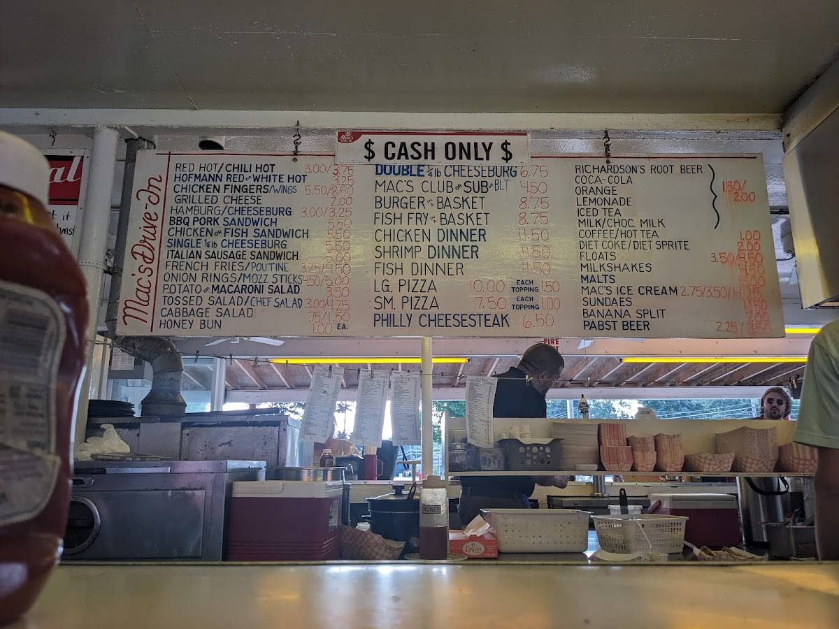 Menu at Mac's Drive-In restaurant, Waterloo