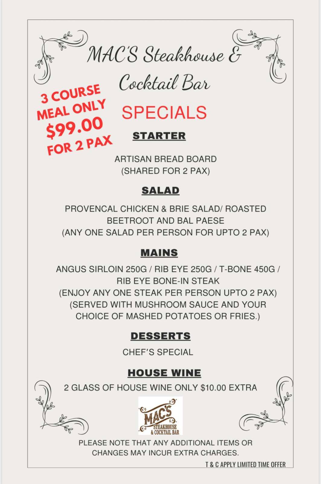 Menu at Mac’s Steakhouse & Cocktail Bar, Hamilton