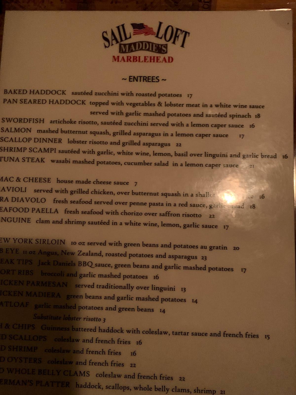Menu at Maddie's Sail Loft pub & bar, Marblehead