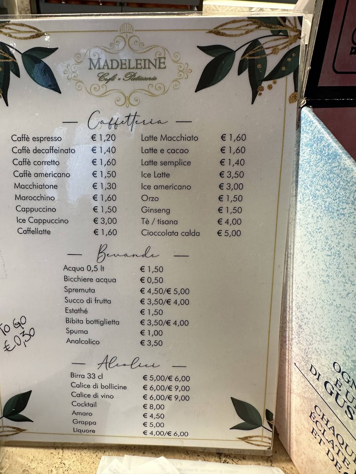 Menu at Madeleine cafe, Florence