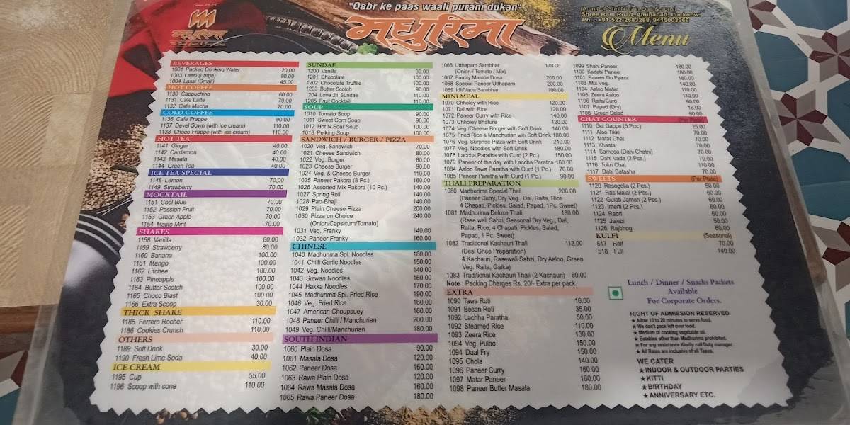 Menu at Madhurima Sweets, Lucknow, 144/19/1